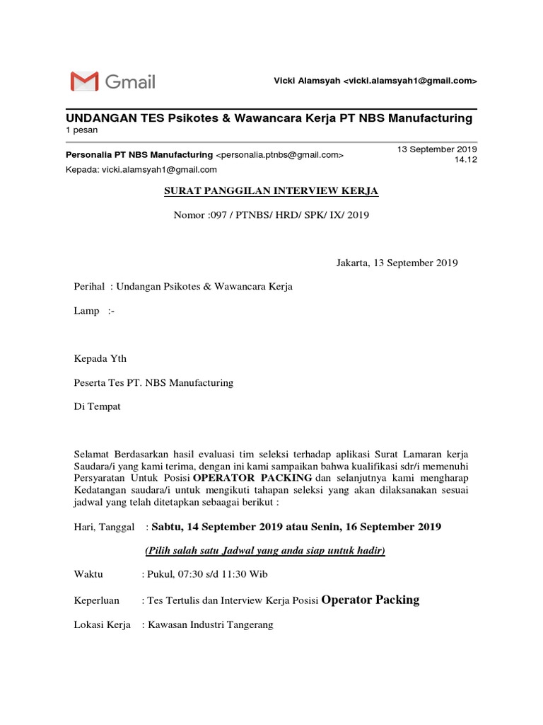 UNDANGAN TES Psikotes & Wawancara Kerja PT NBS Manufacturing | PDF