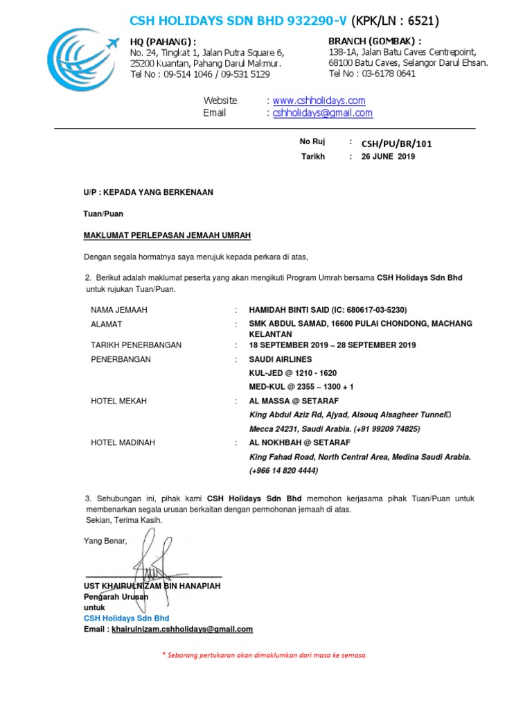 Surat Pelepasan Umrah | PDF