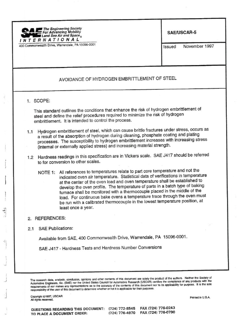 SAE USCAR-5 Dated 11-1997 Hydrogen Embrittlement PDF | PDF