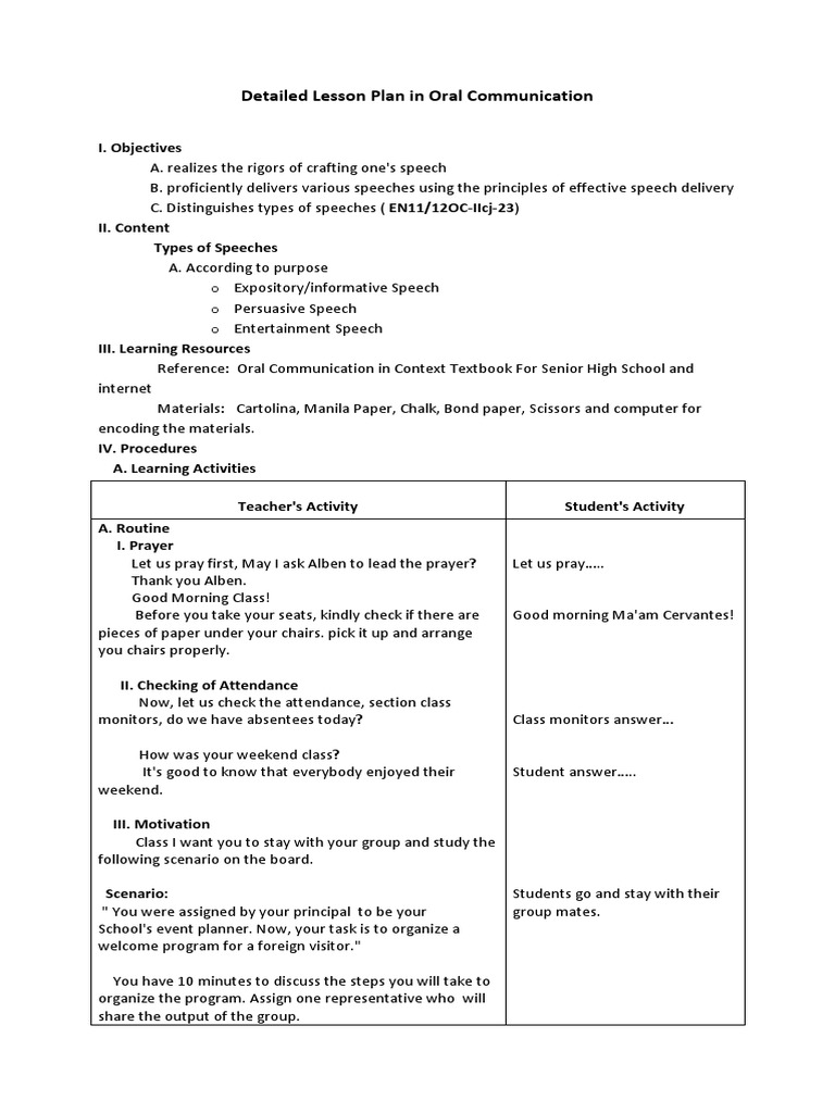 Grade 11 Oral Communication Lesson Plan | PDF | Public Speaking ...