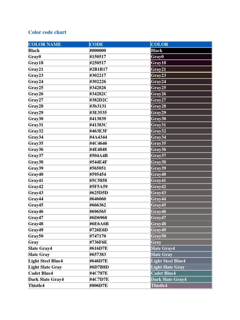 Photoshop Color Code Reference Guide | PDF | Vision | Cascading Style ...