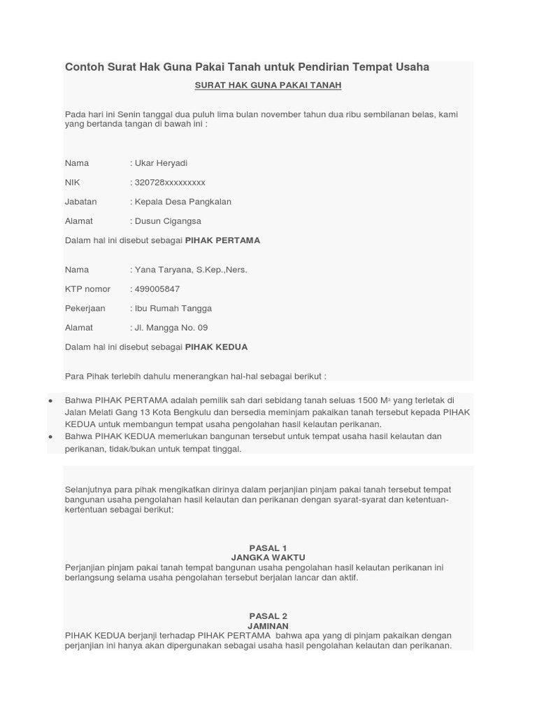 Contoh Surat Hak Guna Pakai Tanah Untuk Pendirian Tempat Usaha | PDF ...