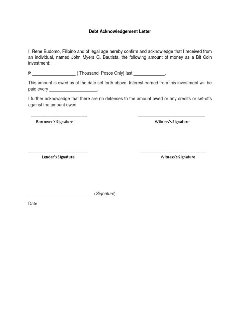 Debt Acknowledgement Letter | PDF | Debtor | Debt