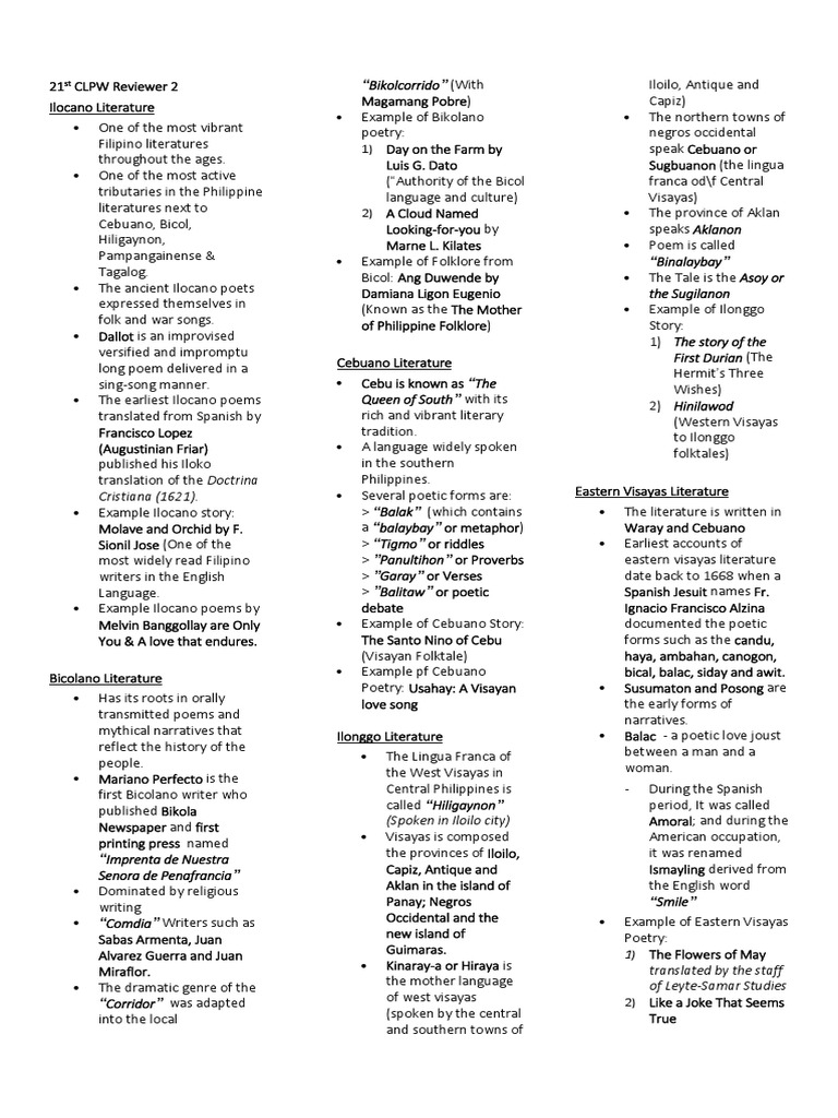 21st CLPW Reviewer 2 | PDF | Poetry | Luzon