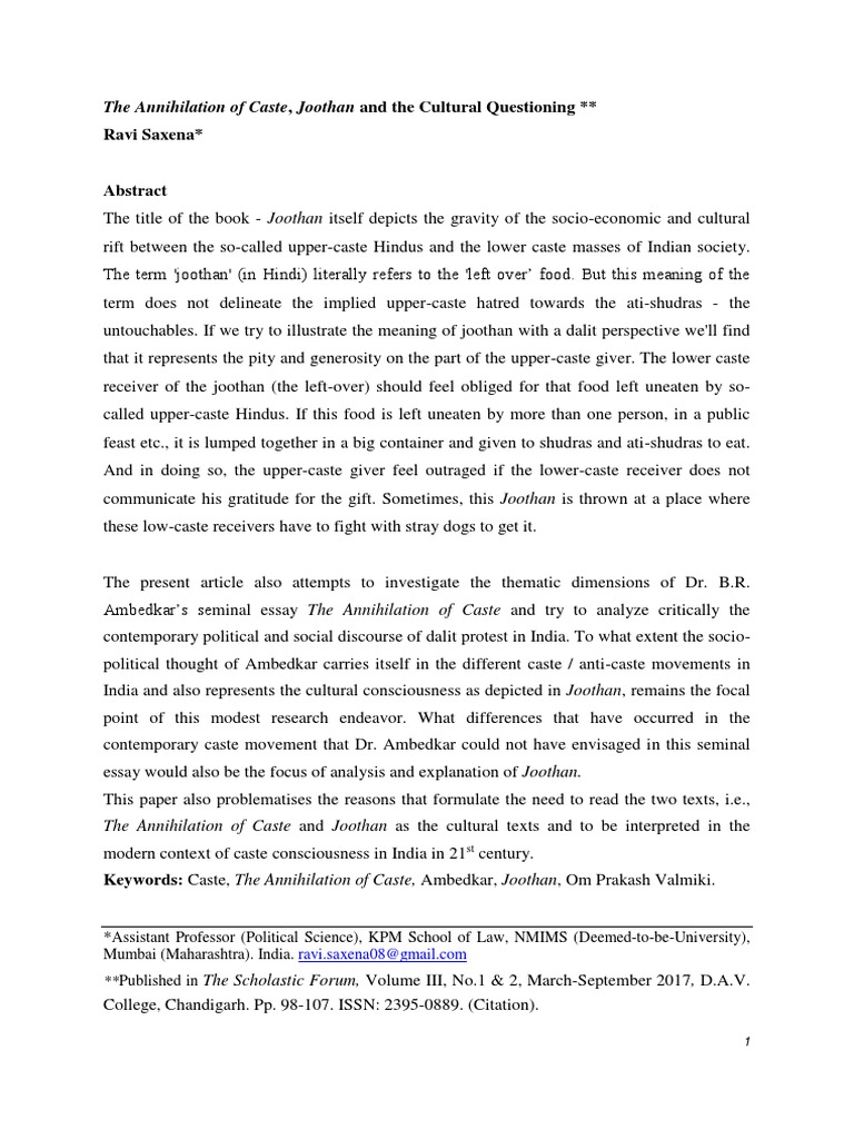The Annihilation of Caste Joothan and TH PDF | Download Free PDF ...