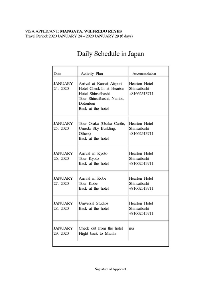 Japan Visa Itinerary Sample for 2020 | PDF | Travel Visa | Nationality Law