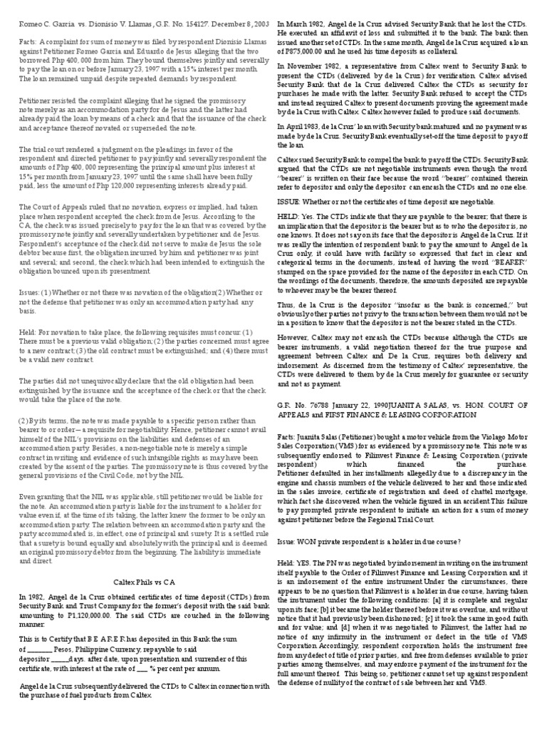 Case Digest | PDF | Bearer Instrument | Promissory Note