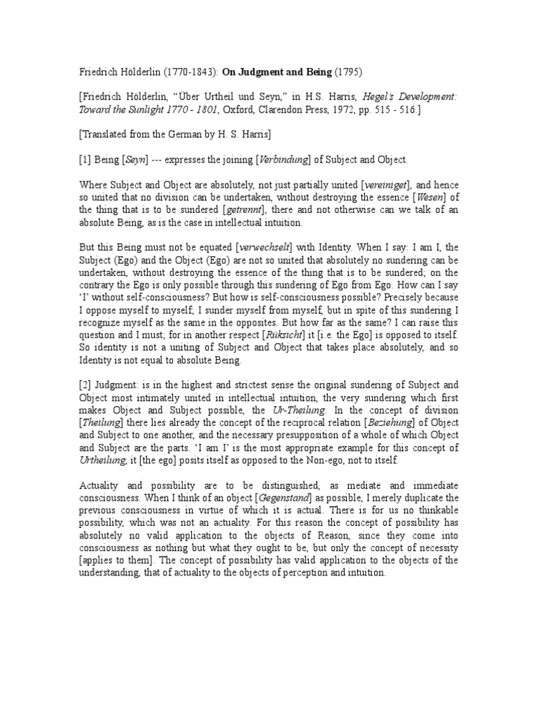 Holderlin Judgment Being | PDF | Intuition | Reason