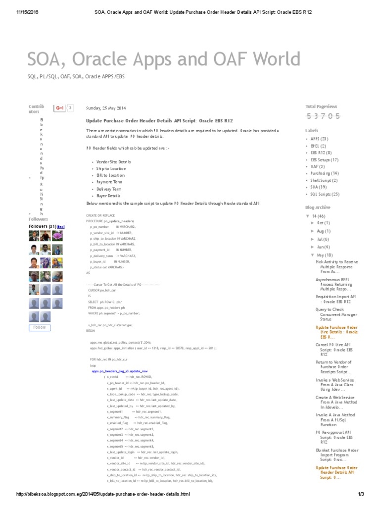 Update Purchase Order Header Details API Script Oracle EBS R12 PDF | PDF | Application ...