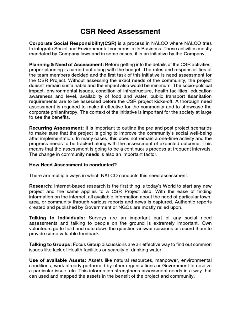 CSR Need Assessment | PDF | Corporate Social Responsibility | Community