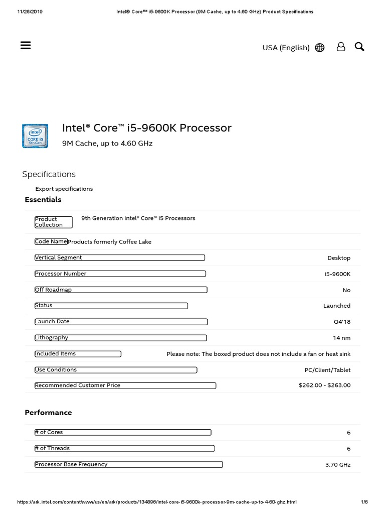 Intel Core I5-9600k Processor Product Specifications | PDF | Intel | Central Processing Unit