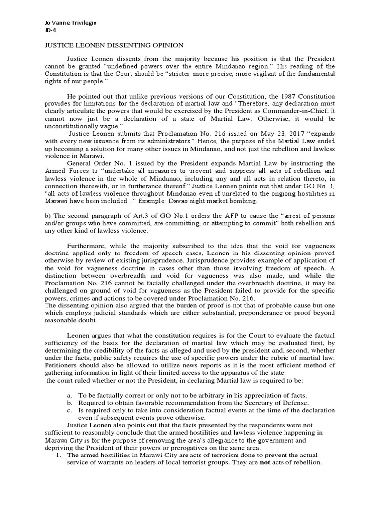 Justice Leonen Dissenting Opinion On Lagman Case | PDF | Martial Law ...