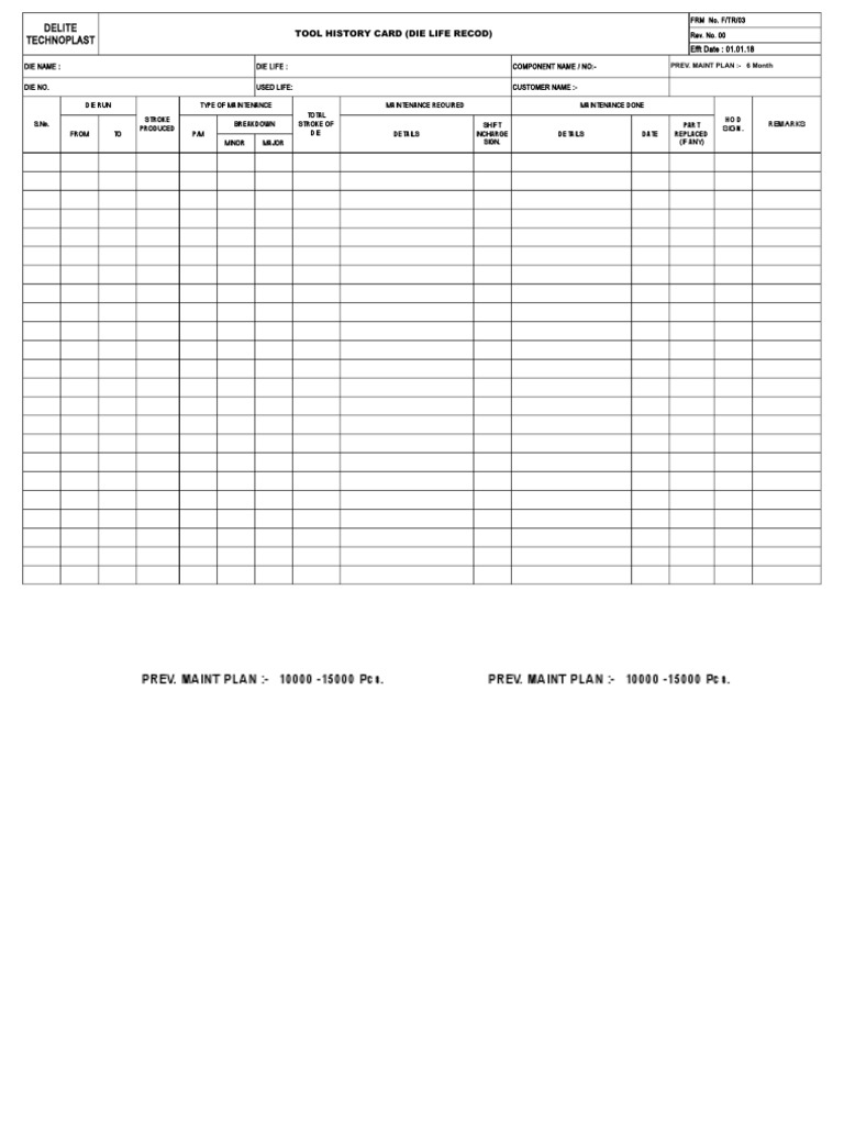 Tool History Card for Die Life Tracking | PDF
