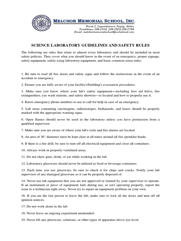 Science Laboratory Guidelines and Safety Rules | PDF | Laboratories ...