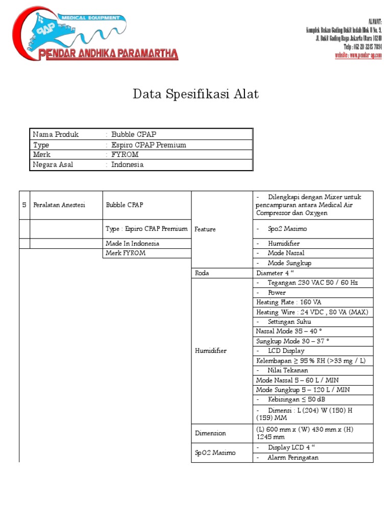 Data Spek Espiro CPAP Premium PDF | PDF