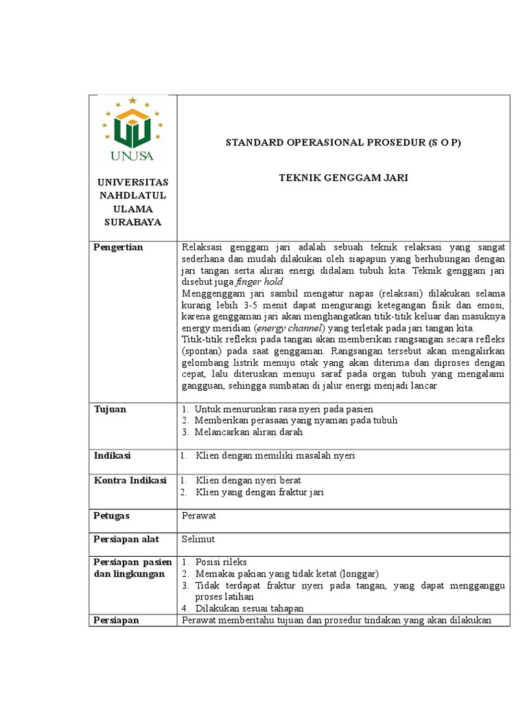 SOP Teknik Relaksasi Genggam Jari | PDF