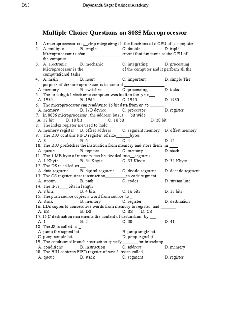 DSI Dayananda Sagar Business Academy 8085 Microprocessor MCQs | PDF | Central Processing Unit | Bit