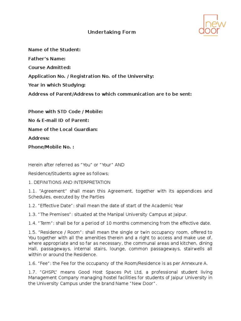 Student Hostel Undertaking Form | PDF | Hostel | Fee