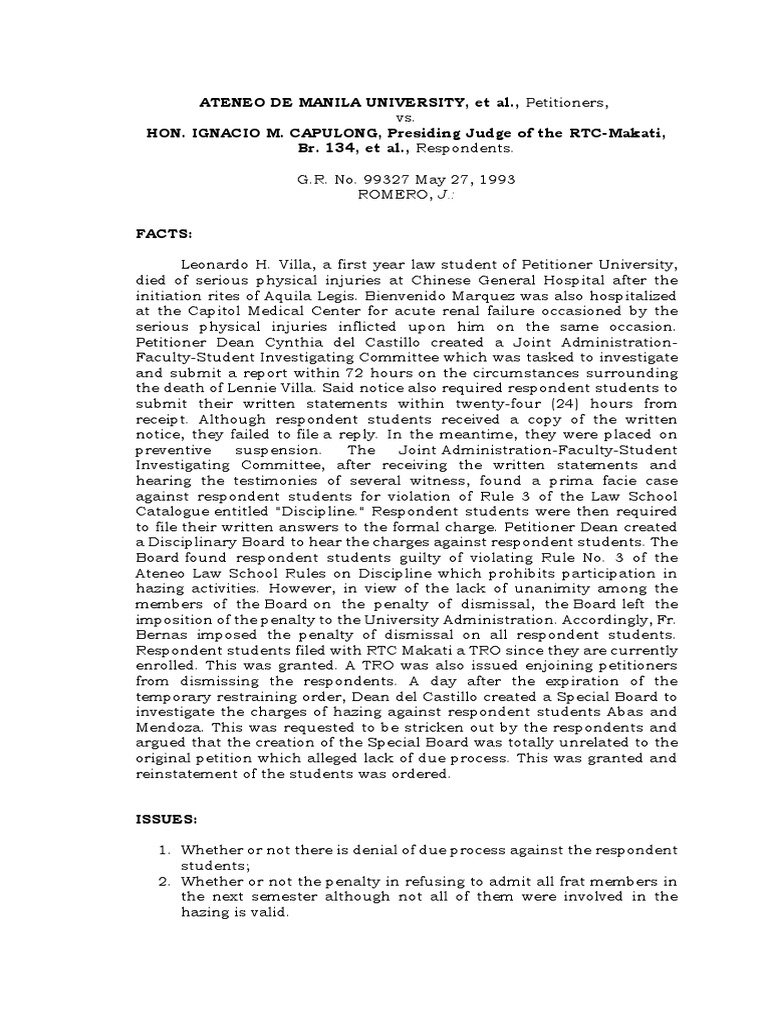 Ateneo v. Capulong (Digest) | PDF | Injunction | Justice