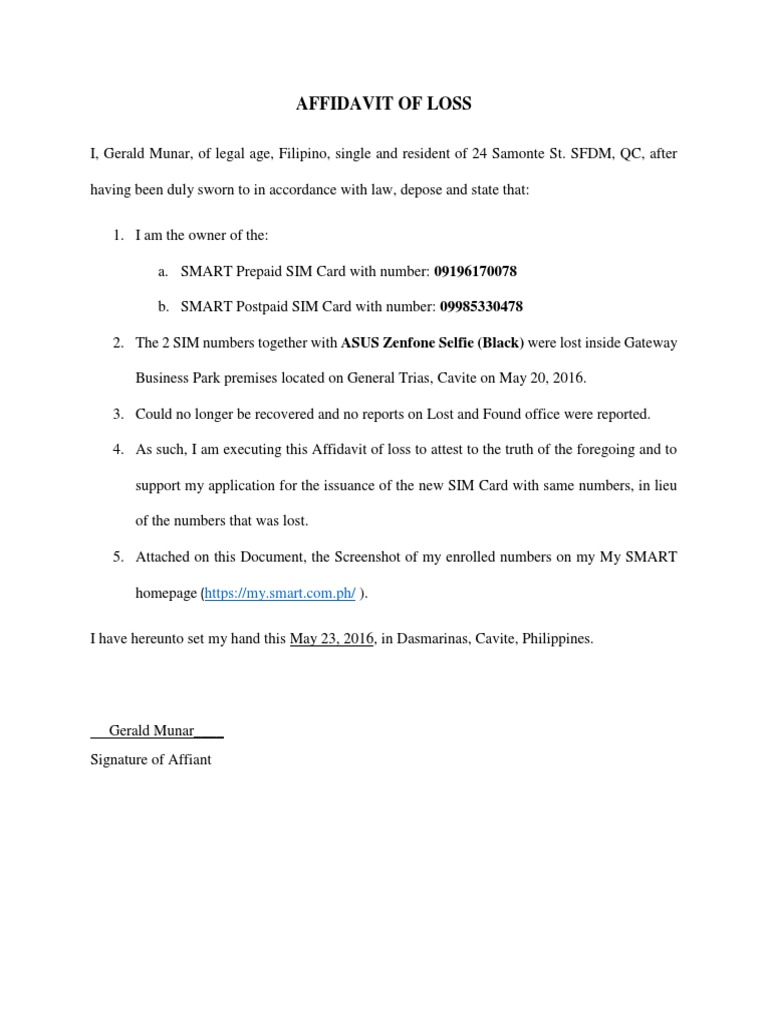 Affidavit of Loss (Sim Card Replacement) | PDF