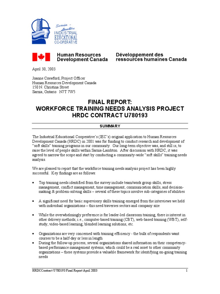 Final Report: Workforce Training Needs Analysis Project HRDC Contract ...