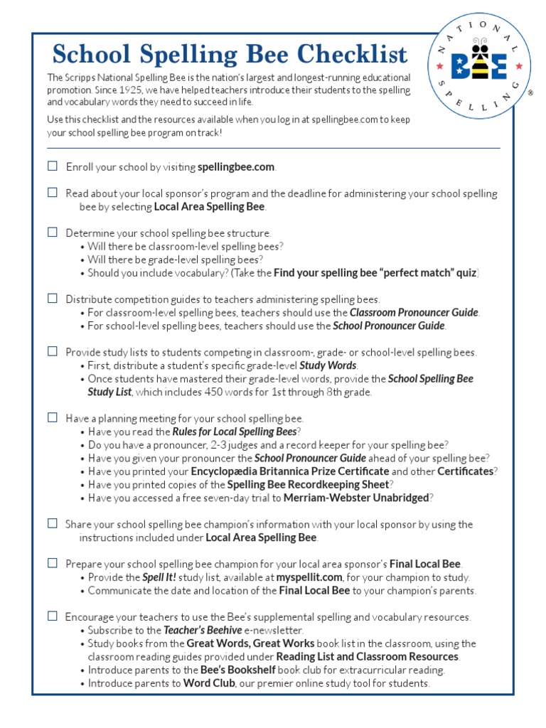 School Spelling Bee Checklist | Download Free PDF | Behavior ...