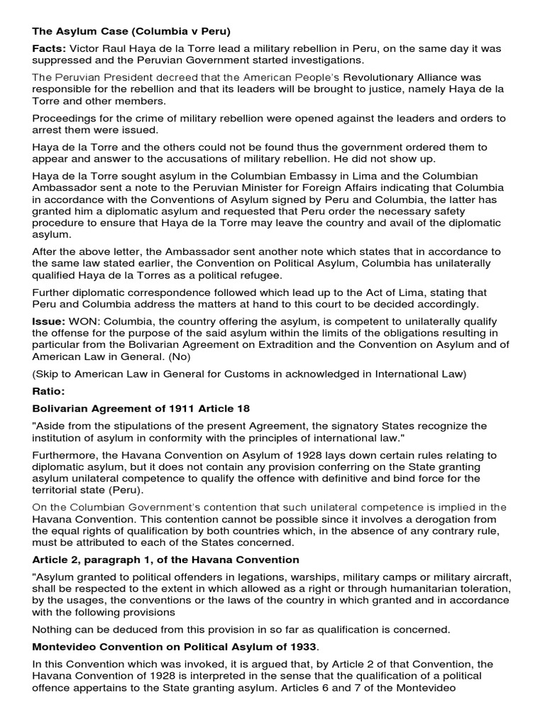 Asylum Case Digest | PDF | Sovereign State | Treaty