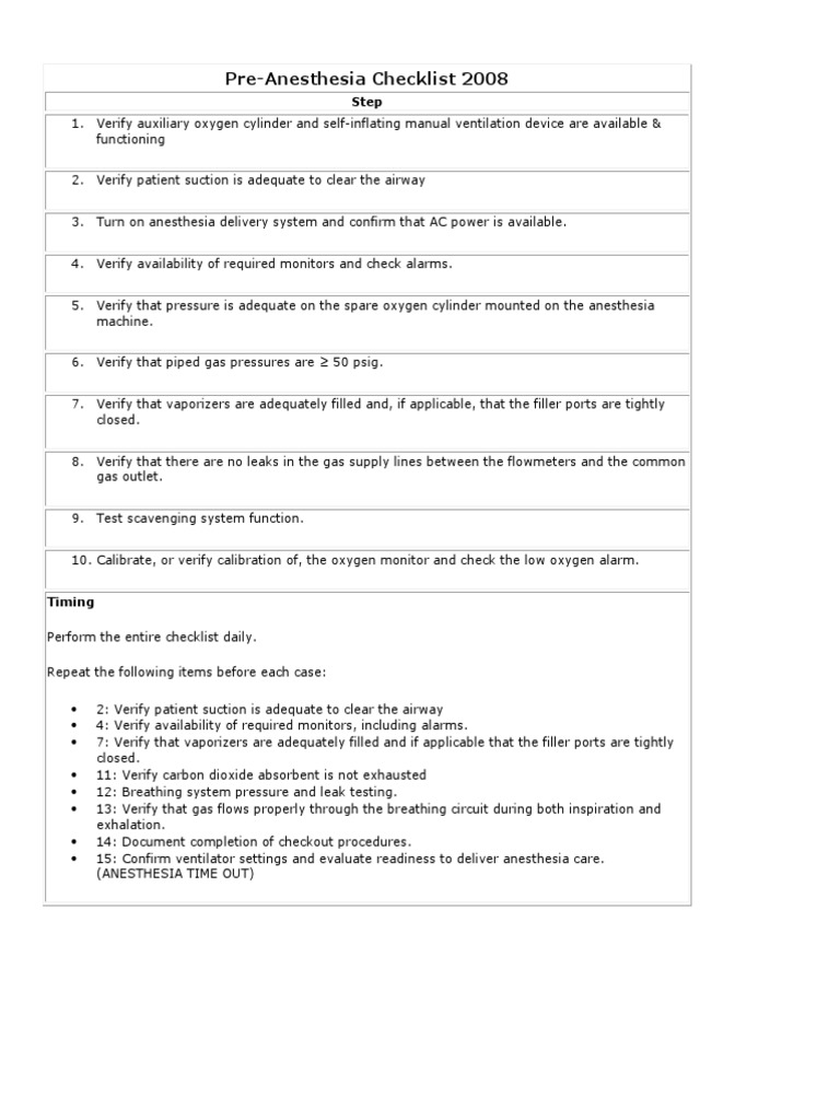 Anesthesia Checklist | PDF | Breathing | Anesthesia