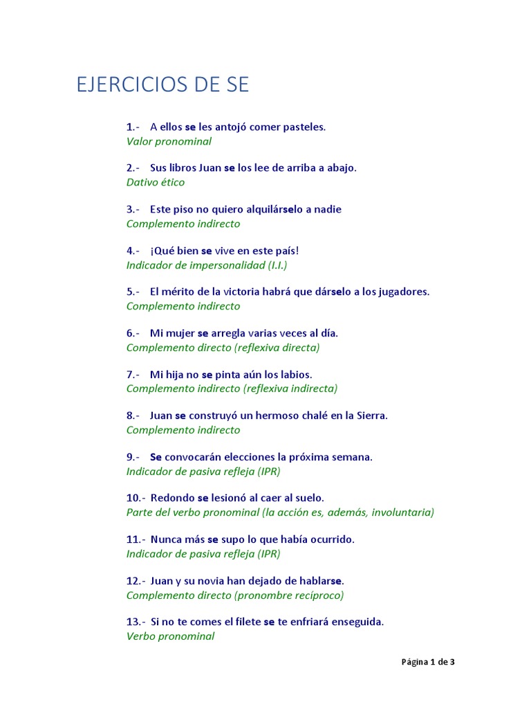 Ejercicios sobre el uso del "se" | PDF | Objeto (gramática) | Verbo