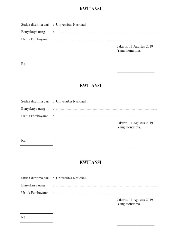 Template Kwitansi Pembayaran Kosong | PDF | Pengelolaan Keuangan & Uang