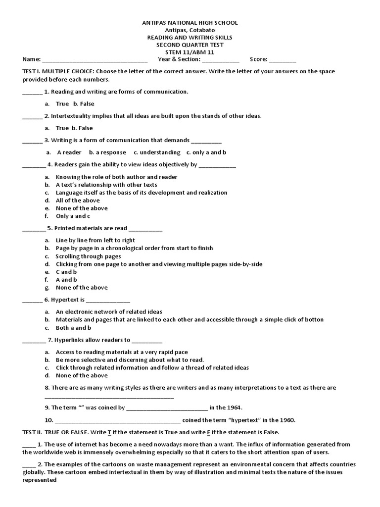 Reading and Writiing Skills 2nd Quarter Test | PDF | Intertextuality ...