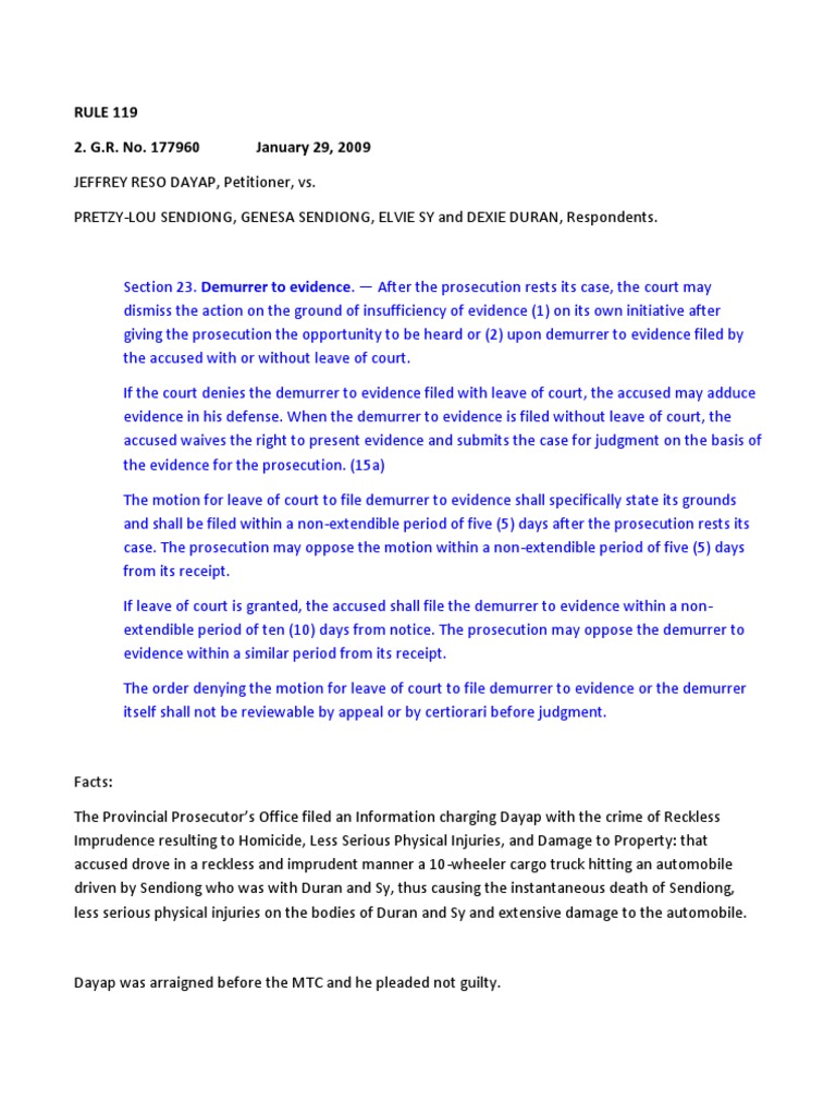 Rule 119 #2 - Dayap V Sendiong | PDF | Acquittal | Demurrer