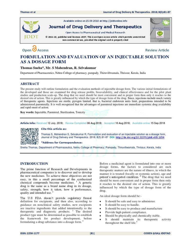 Formulation and Evaluation of An Injectable Soluti PDF | PDF ...