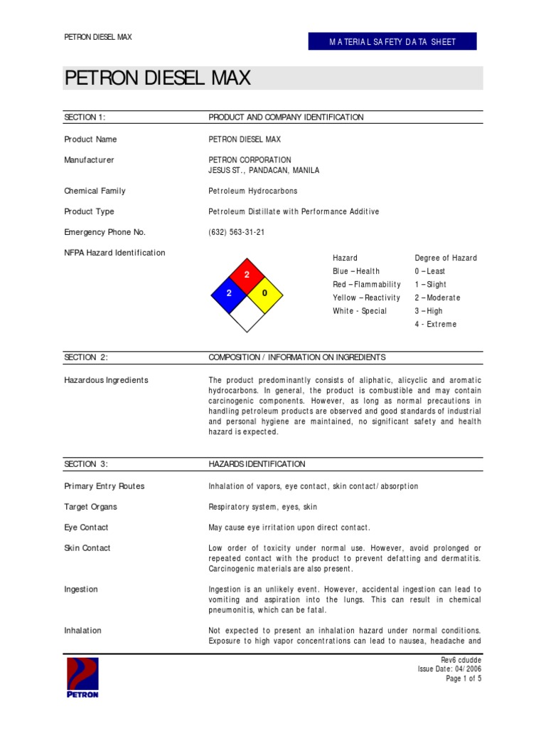 MSDS Petron Diesel Max | PDF | Dangerous Goods | Combustion