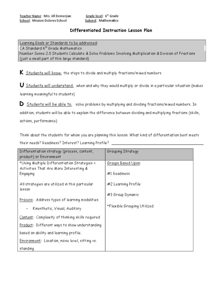 Differentiated Instruction Lesson Template | PDF | Differentiated ...