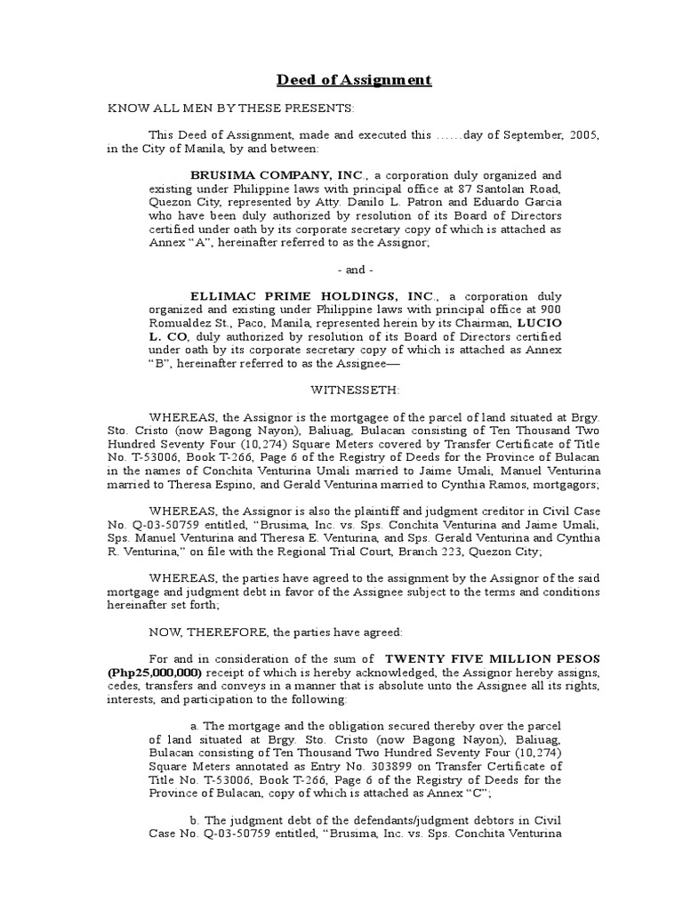 Deed of Assignment | PDF | Assignment (Law) | Property Law