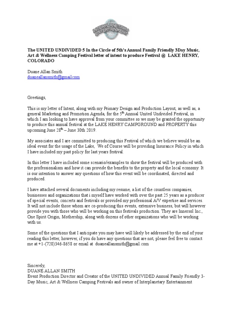 Festival or Special Event Letter of Intent | PDF | Indemnity ...