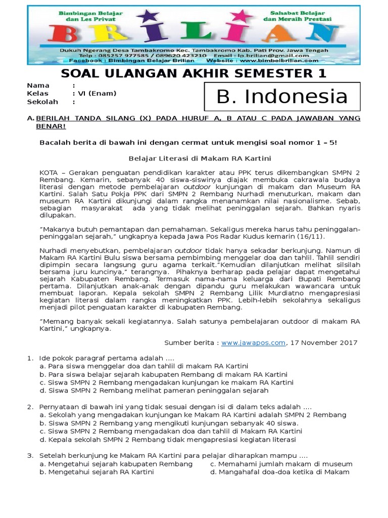 Soal UAS Bahasa Indonesia Kelas 6 SD Semester 1 (Ganjil) Dan Kunci Jawaban | PDF