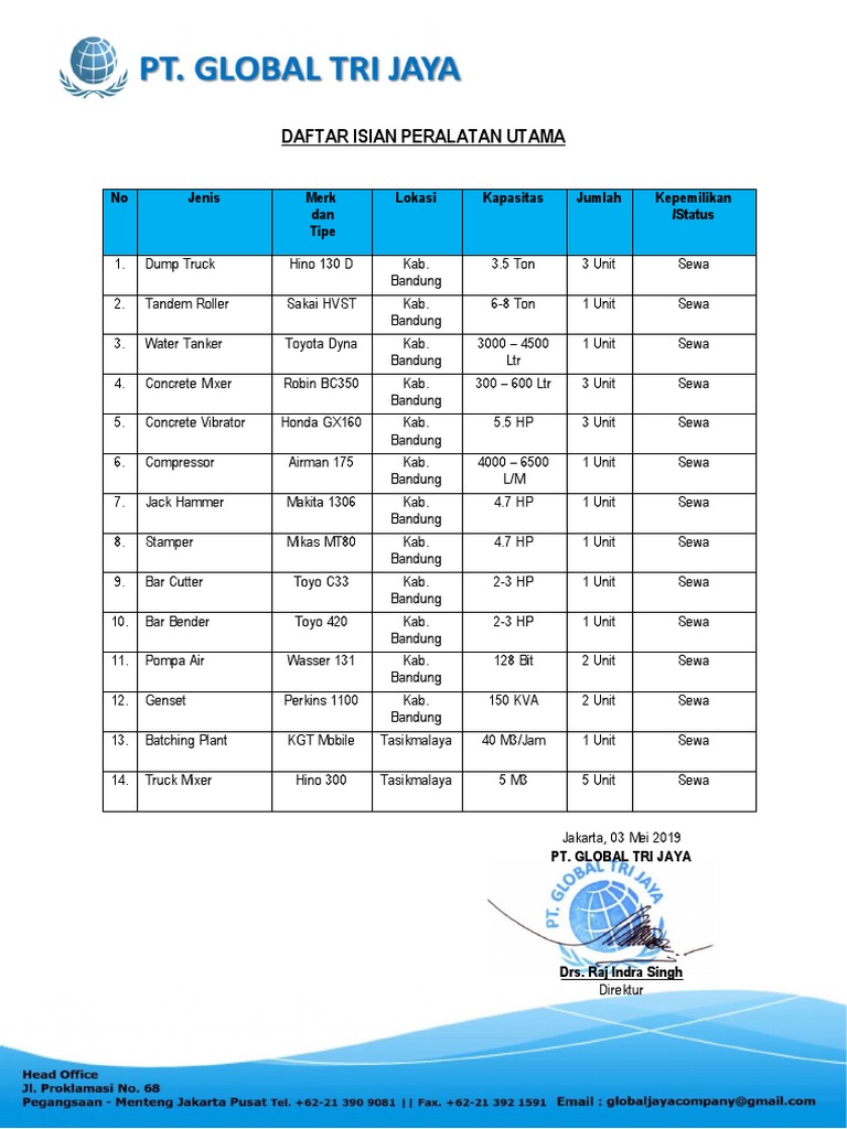 Daftar Isian Peralatan Utama | PDF