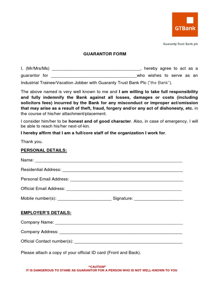 GTB Guarantor form