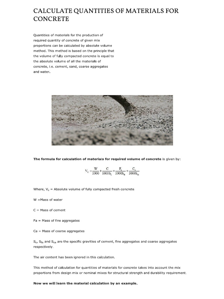 Calculation of Materials For Concrete | PDF