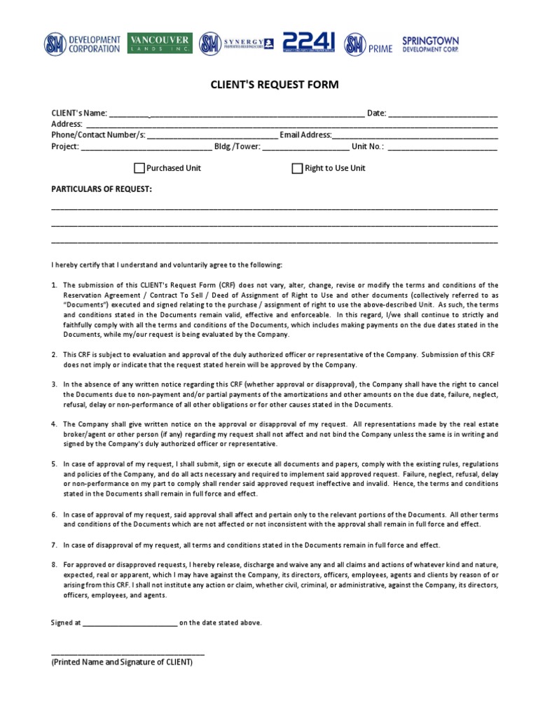 Client's Request Form (CRF English) - 09012018 With Address PDF | PDF ...