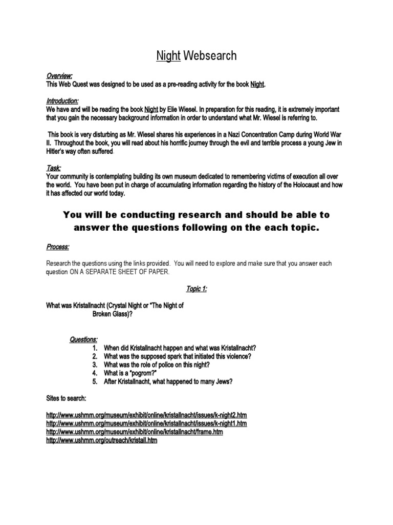 Night Webquest: Holocaust Research Guide | PDF | Final Solution | World ...