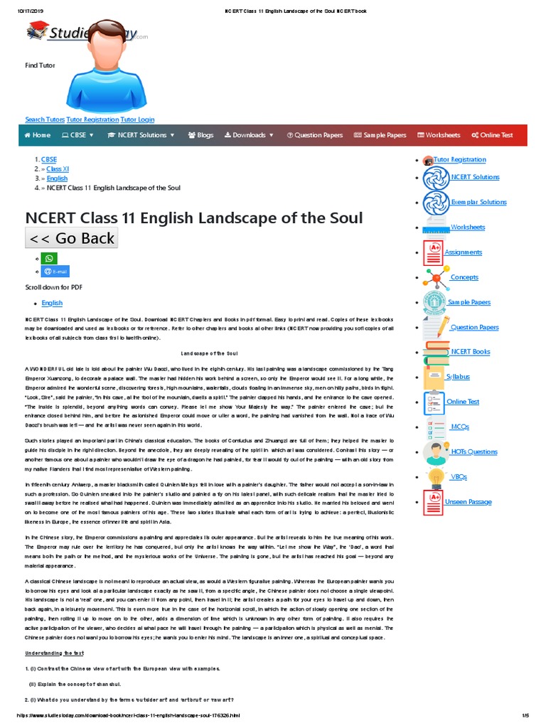 NCERT Class 11 English Landscape of The Soul NCERT Book | PDF ...