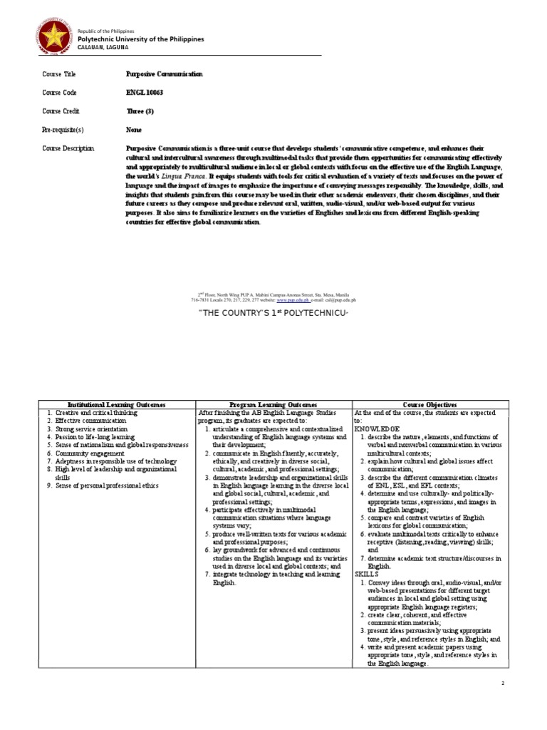 Purposive Communication Course Syllabus | PDF | Communication | Cross ...