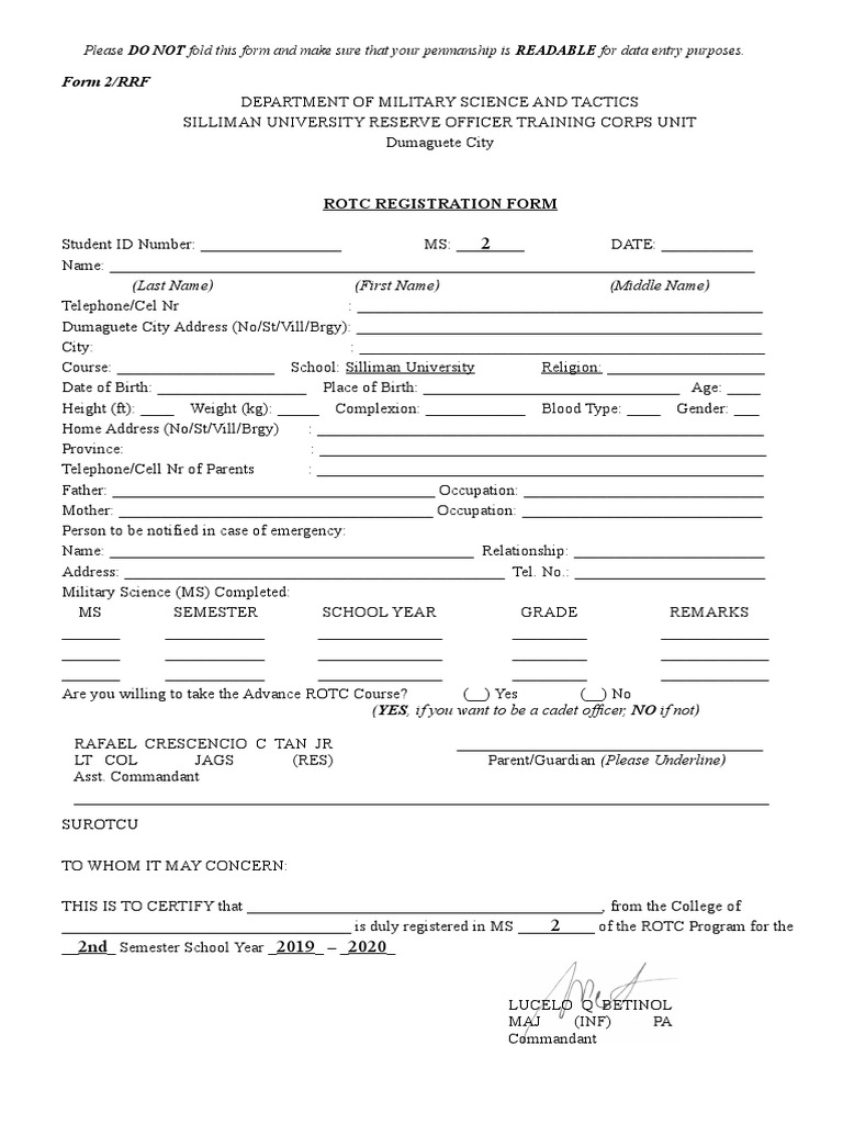 ROTC Registration Form 2nd Sem | PDF | Military Life | Military