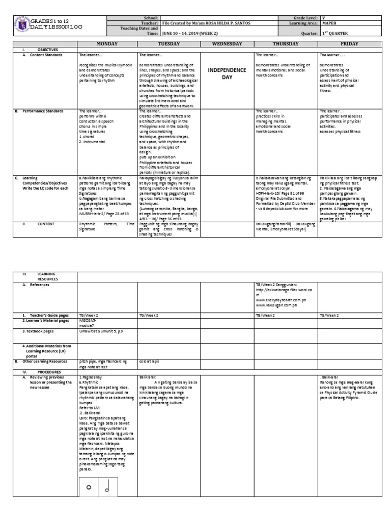 DLL - Mapeh 5 - Q1 - W2 | PDF | Learning | Cognition