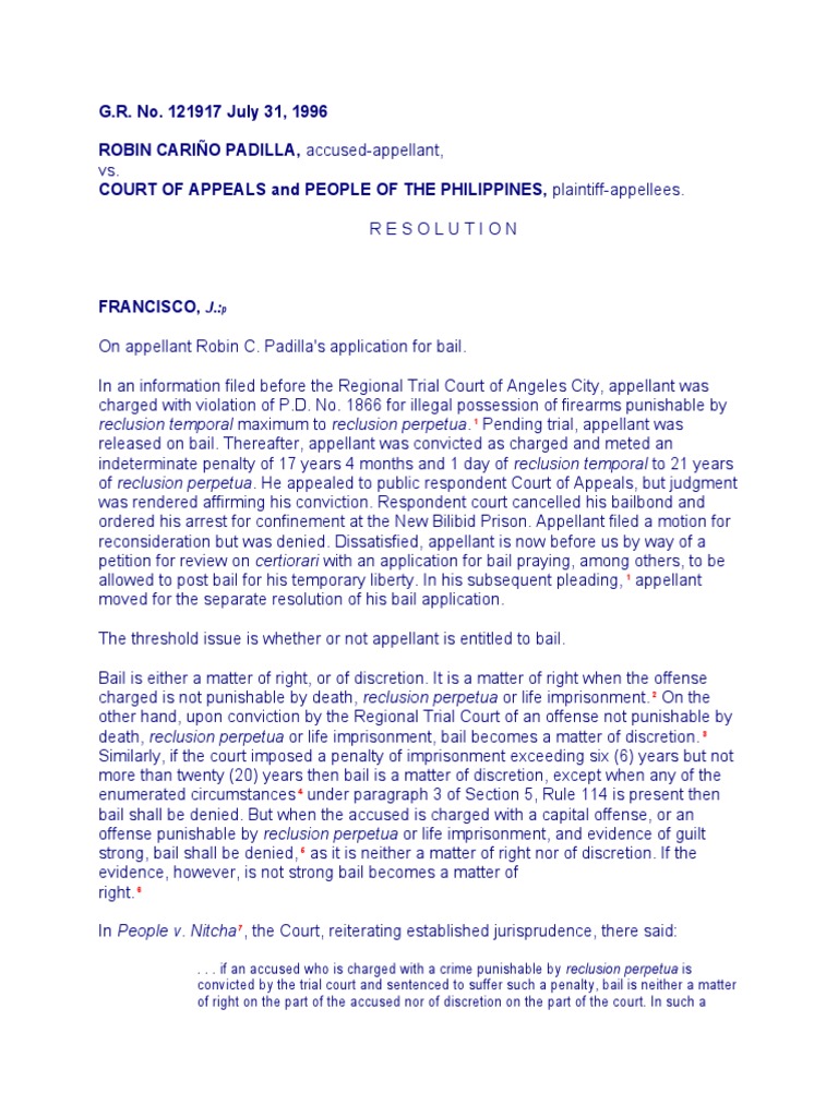 G.R. No. 121917 July 31, 1996 ROBIN CARIÑO PADILLA, Accused-Appellant ...