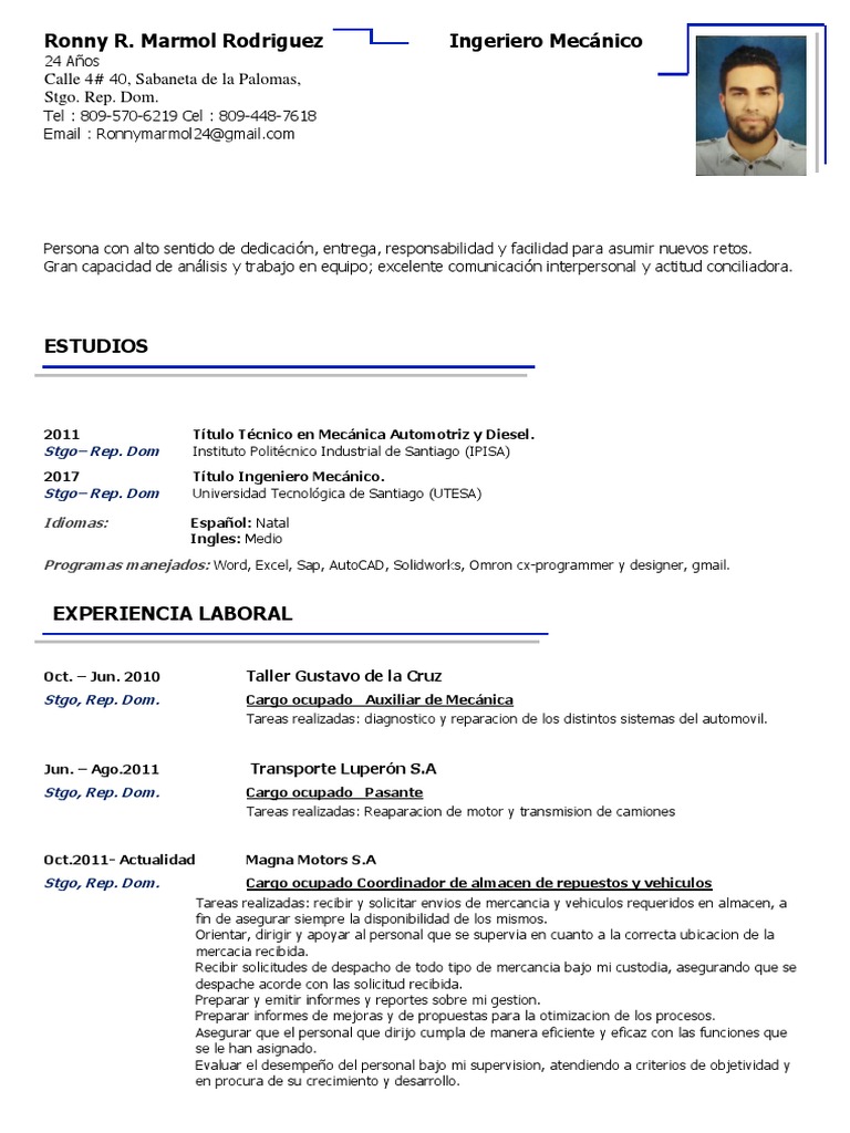 Curriculum Ronny Marmol 2017 | PDF | Fabricación e ingeniería | Science