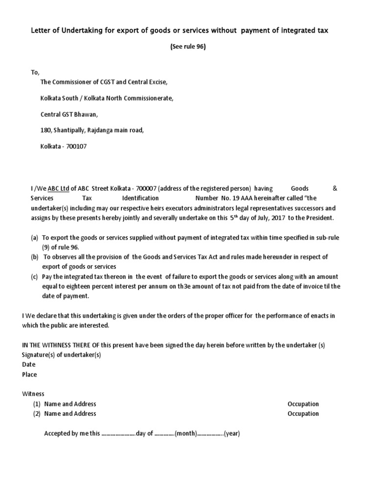 Format Of Letter Of Undertaking For Goods To Be Exported On Lut PDF